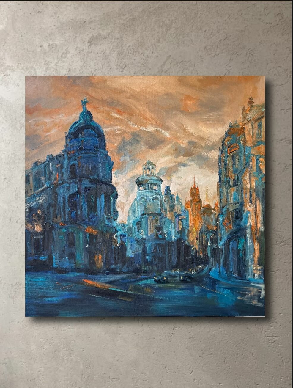 ZELYA, Интерьерная картина на холсте "Город и закат", 80х80см, ручная работа, картина в наличии, холст, масло