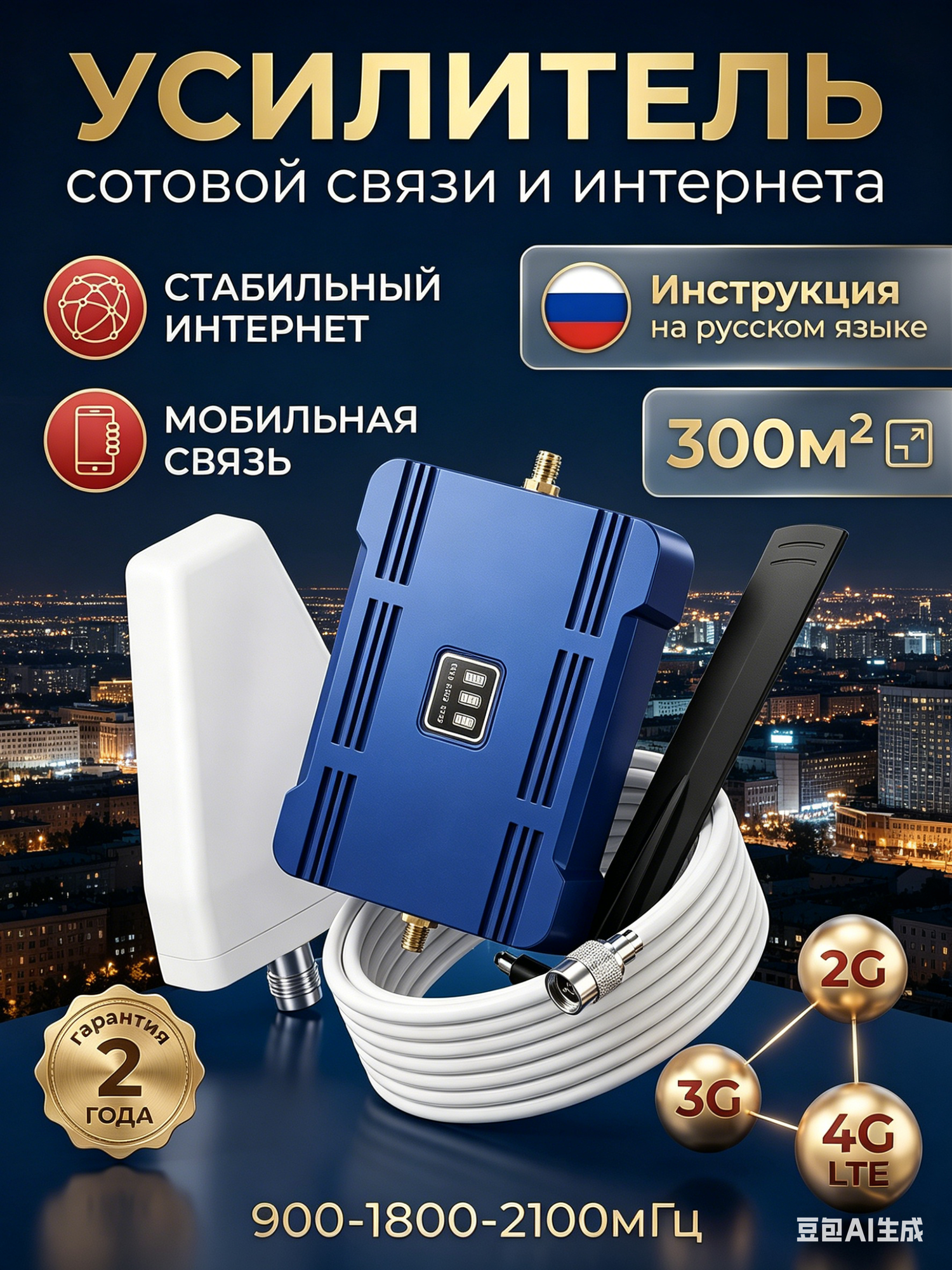 Усилитель сотовой связи 900/1800/2100 МГц (2G/3G/4G): до 70 км, направленный, синий, 1.3 кг