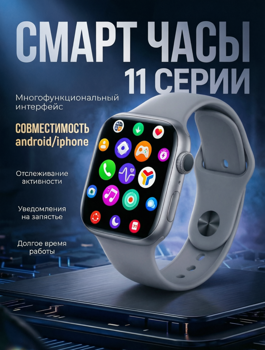 Смарт-часы 11 серия, для IOS и Android, функция пульсоксиметра, беспроводные
