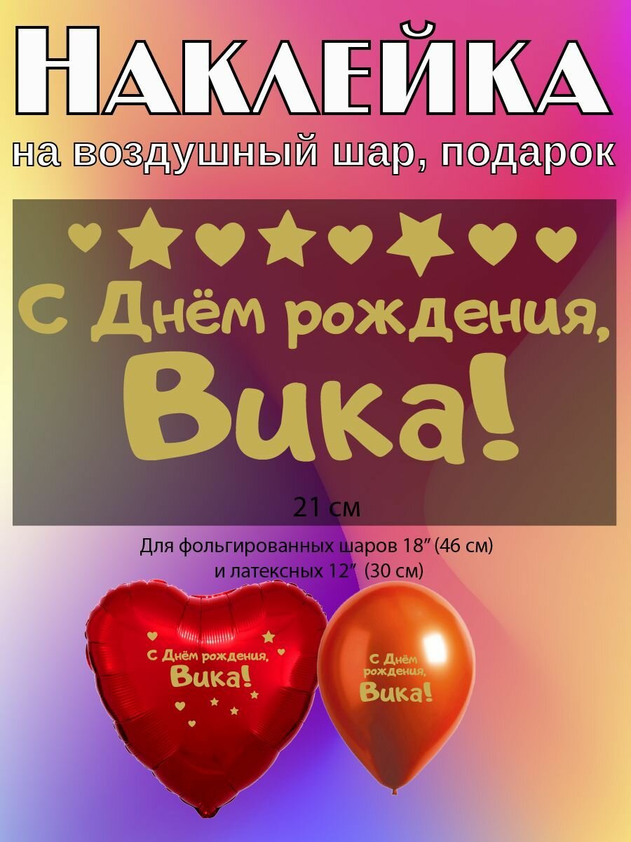 Наклейка именная С Днем рождения, Вика для шара, подарка