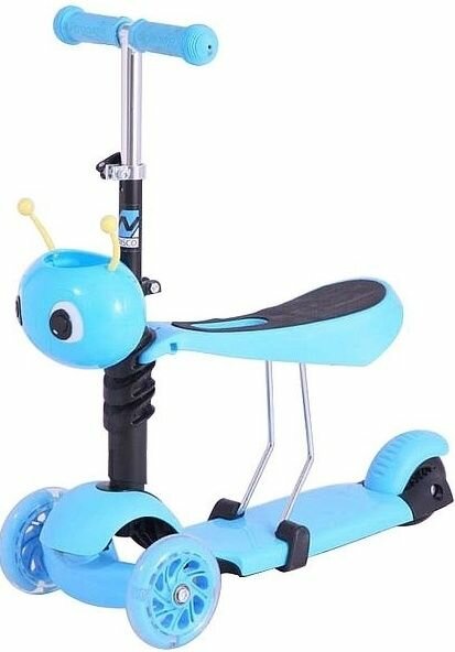 Самокат детский трехколесный трансформер с сиденьем, светящиеся колеса, голубой