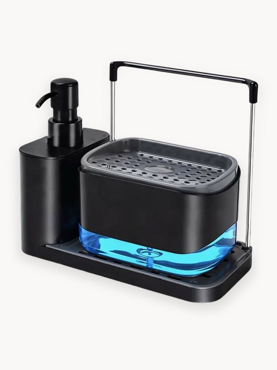 Дозатор , диспенсер кухонный для моющего средства с подставкой для губки и поддоном 4в1 / Диспенсер 4в1
