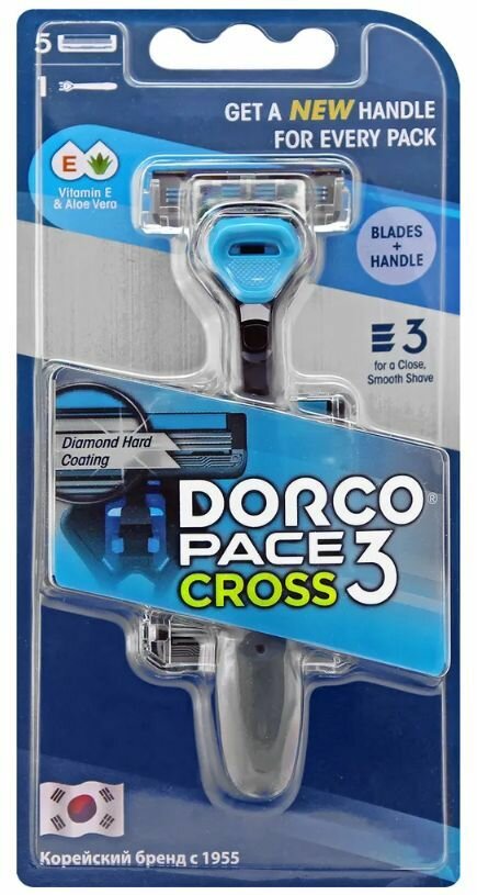 Бритва Dorco PACE CROSS3, 3-лезвийная, плав. головка, увлажняющая полоса (1 станок, 5 кассет)