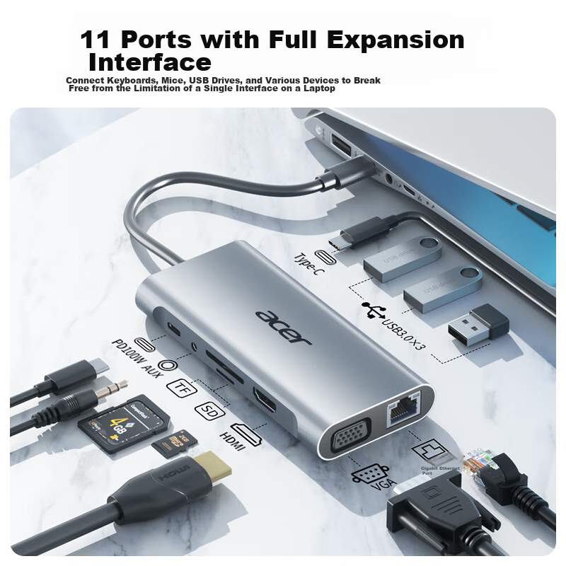 Acer Multi-Functional Expansion Dock, USB-C to HDMI Converter, Compatible with IPad Pro And Apple MacBook, 4K Screen Mirroring, VGA Audio, Gigabit Ethernet Port, Hub Expansion Dock