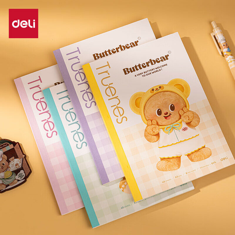 [Essential for school] Deli wireless binding 40 sheets butter bear horizontal lined student diary A5 notepad cute notebook HY201