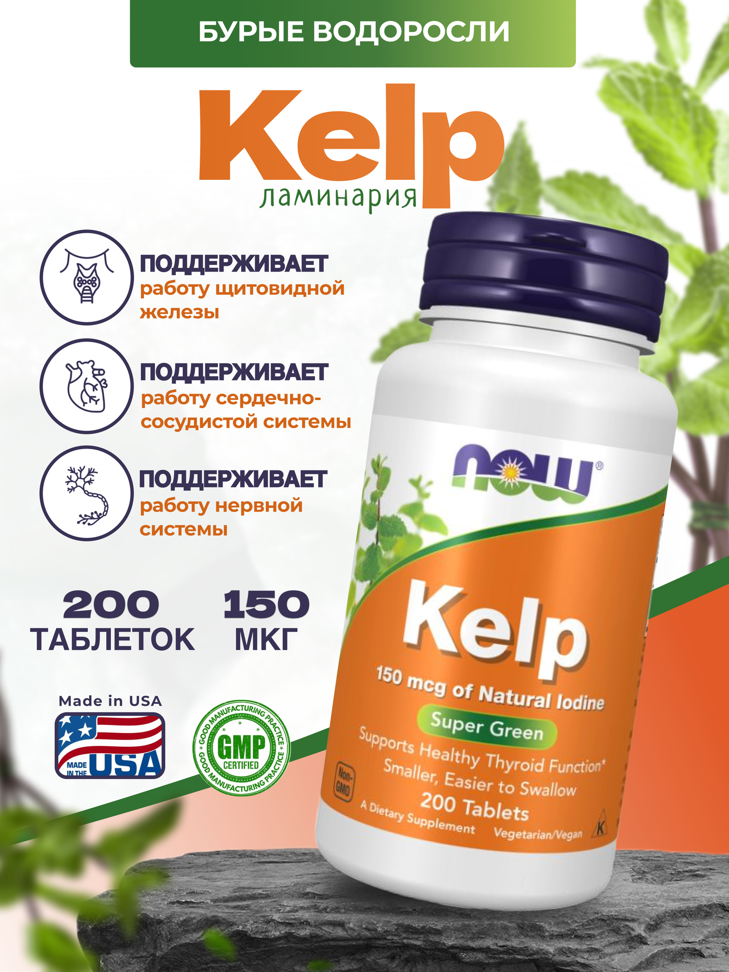 NOW Foods Kelp - Бурые водоросли (йод) 150 mg 200 таблеток