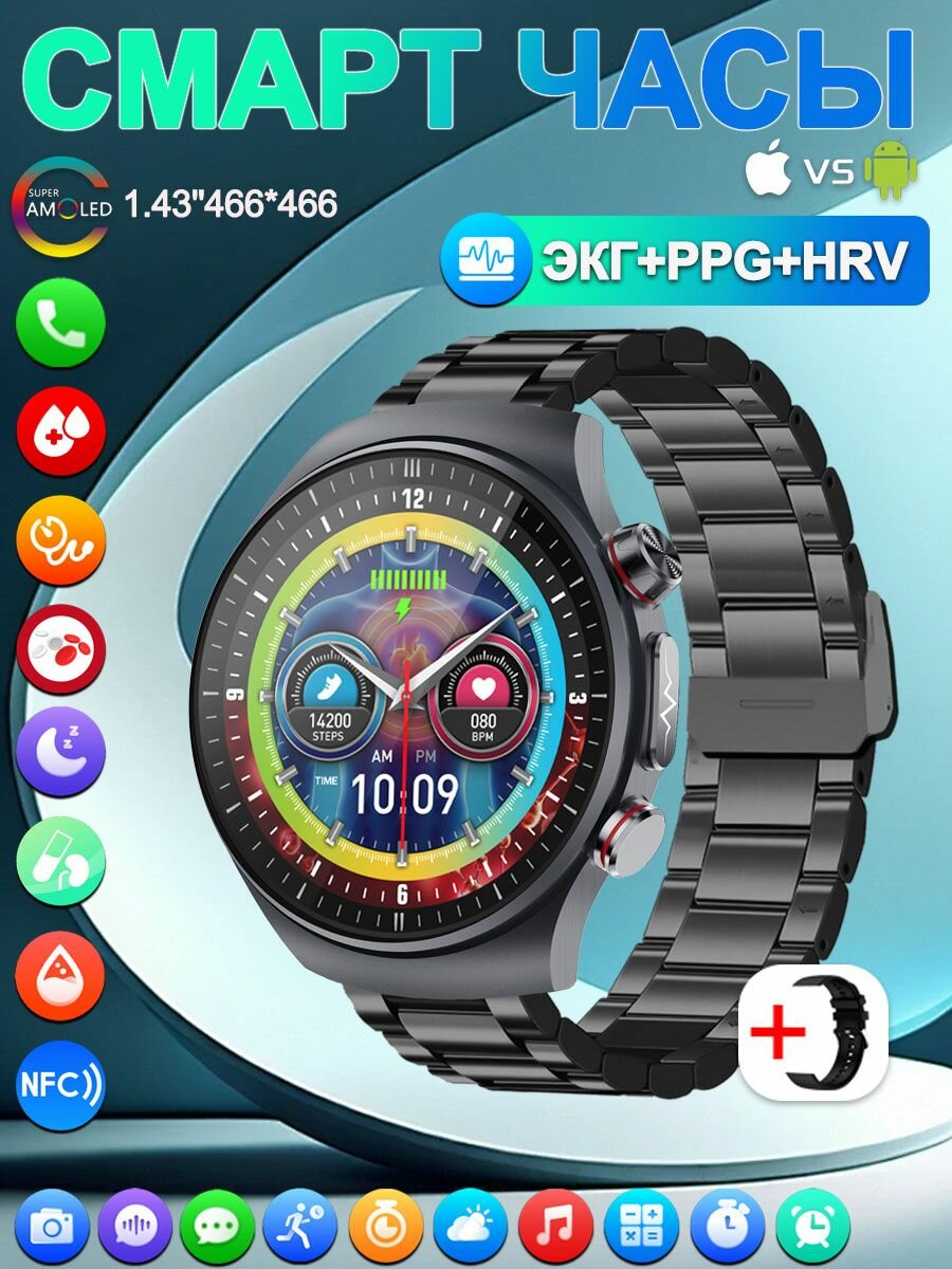 Умные часы 2025 с AMOLED-экраном и топовым чипом TI: Неинвазивный замер глюкозы, круглосуточный мониторинг сердца, Bluetooth-звонки.