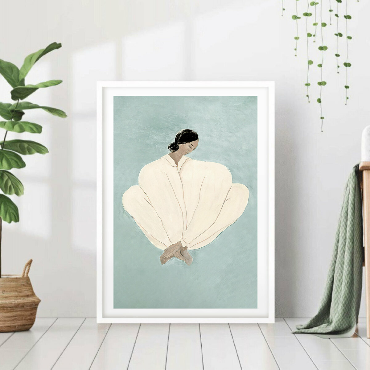 Постер "София Линд девушка на голубом " 50x70 в белой рамке для интерьера на стену