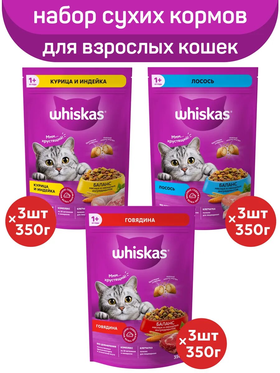 Сухой корм WHISKAS для взрослых кошек, Микс вкусов: с говядиной, с курицей и индейкой, с лососем, 9 шт по 350 г