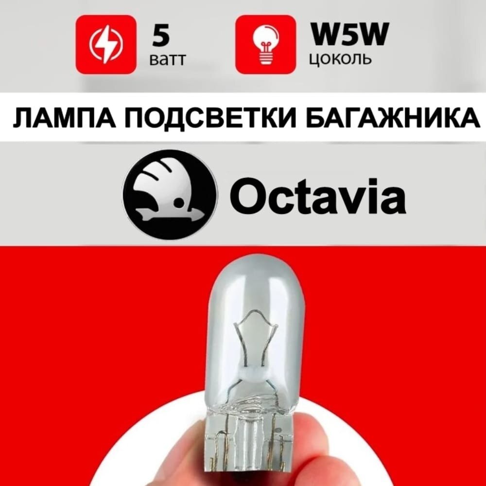 Лампа подсветки багажника Шкода Октавия / лампочка багажника для Skoda Octavia А7, А5 / W5W 5 wt