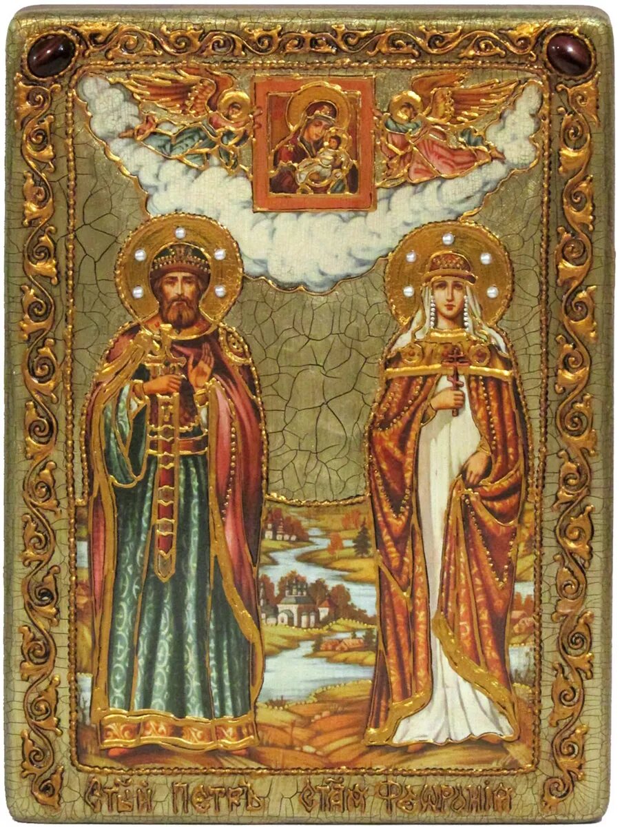 Аналойная икона Святые Петр и Феврония Муромские на доске из черного дуба 21х29 см