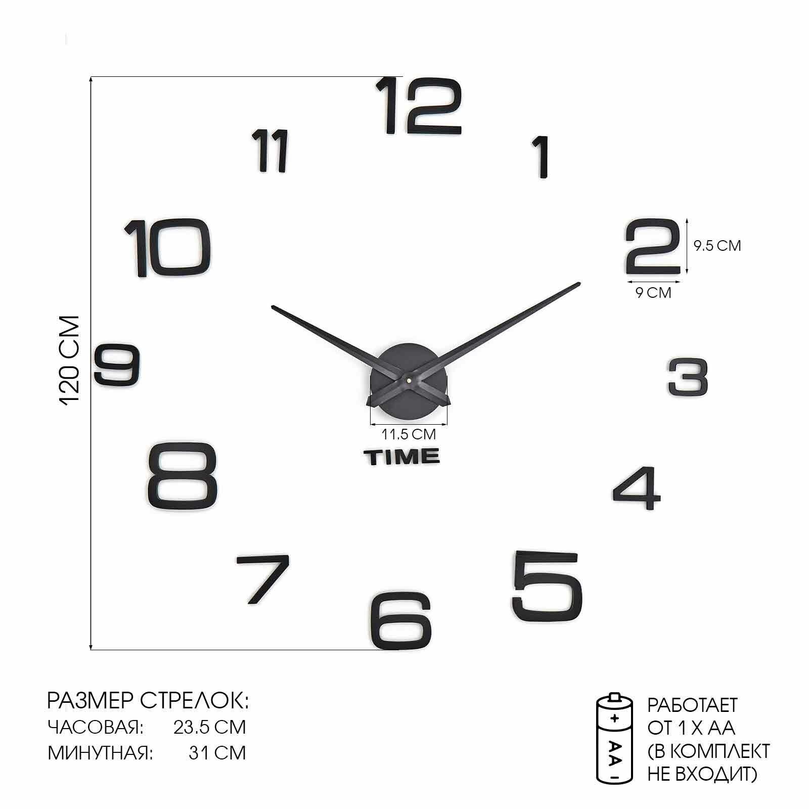 Часы настенные интерьерные большие, 3d Мита , плавный ход, наклейка, d 120 см, чёрные