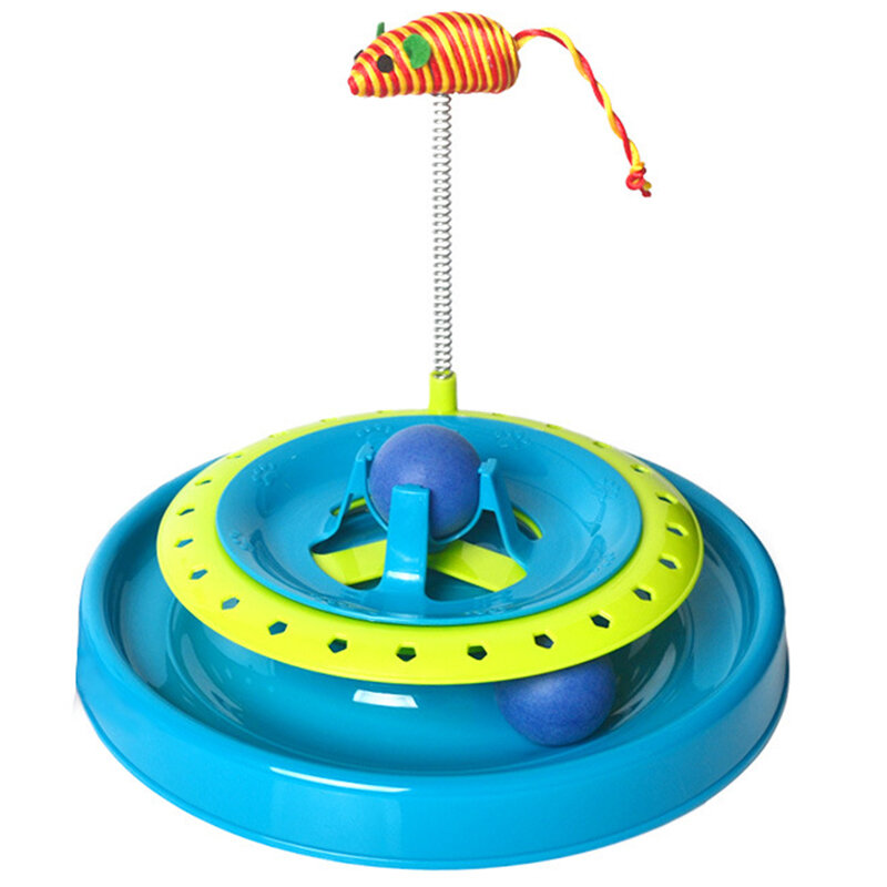 Transer Dog Toys Cat Turntable Toy Cat Puzzle Crazy Play Plate Spring Mouse Cat Funy Toy Turntable Ball Pet Cat Toys-Blue