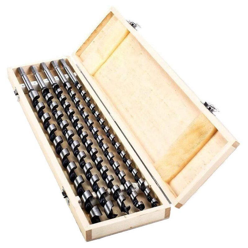 Набор из 5 сверл-шнеков длиной 15/32 дюйма, 9/16 дюйма, 5/8 дюйма, 12/17 дюйма и 25/32 дюйма, сверхгладкие сверла-шнеки с ручным креплением и деревянной коробкой