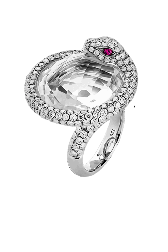 Кольцо, белое золото, 750 проба, рубин, горный хрусталь, бриллиант