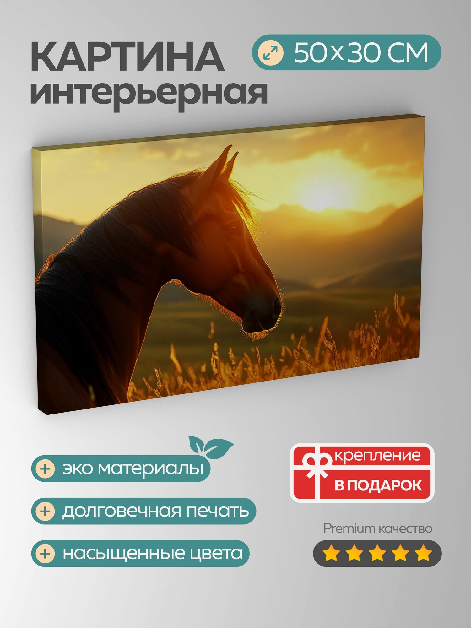 Картина на холсте интерьерная 50х30 см, Арабский скакун, профиль, горный хребет, золотой час, свет, ореол, фотография