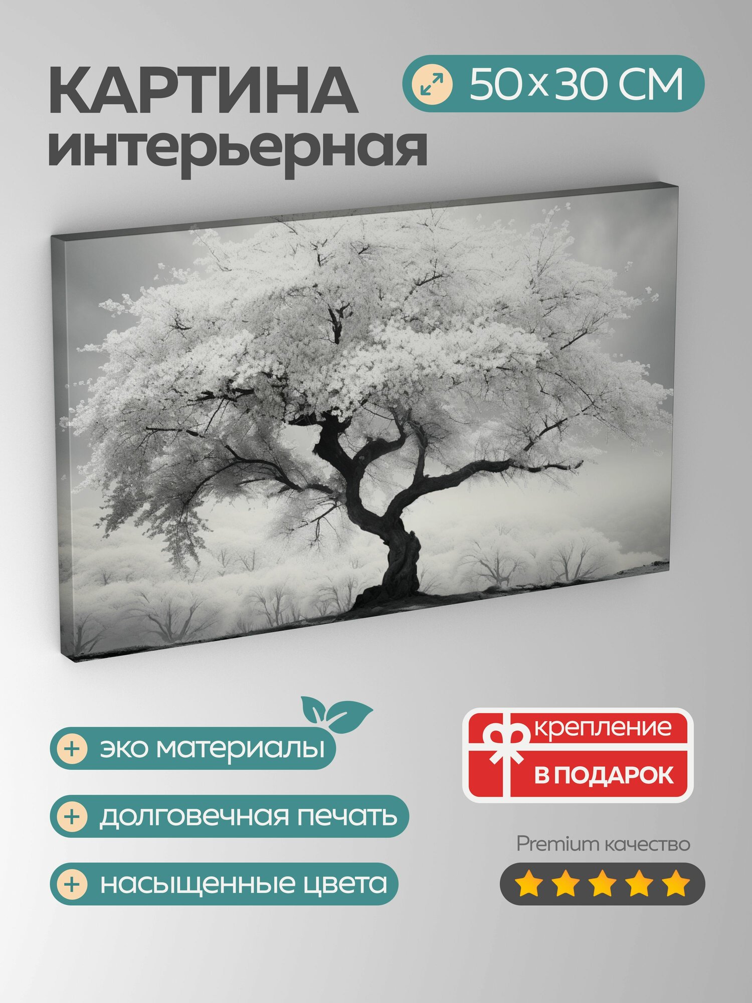 Картина на холсте интерьерная 50х30 см, черно-белая фотография, вишневое дерево, полный цвет, нежные лепестки, текстуры