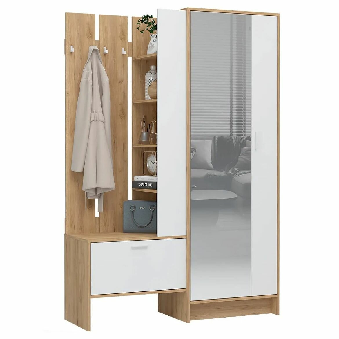 Прихожая комплект мебели для гардеробной, напольная 135см дуб крафт золото/белый