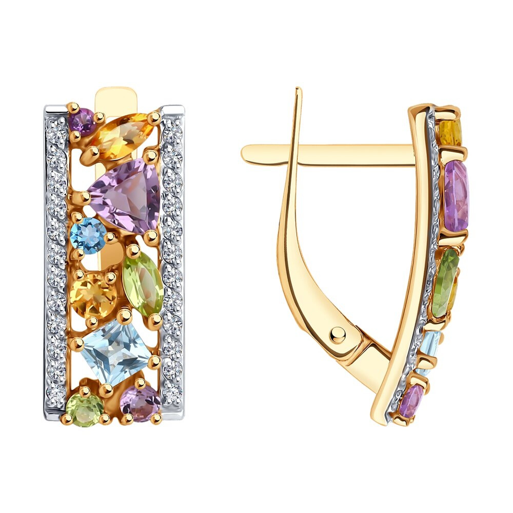 Серьги, красное золото, 585 проба, фианит, хризолит, аметист, цитрин, топаз