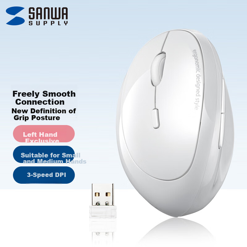 SANWA SUPPLY Ergonomic Wireless Mouse for Small to Medium Hands, Vertical Grip, for Gaming and Office Use, Blue Light LED, 5 Buttons, 3 DPI Levels, White Glossy Finish, Wireless Left-Handed Version