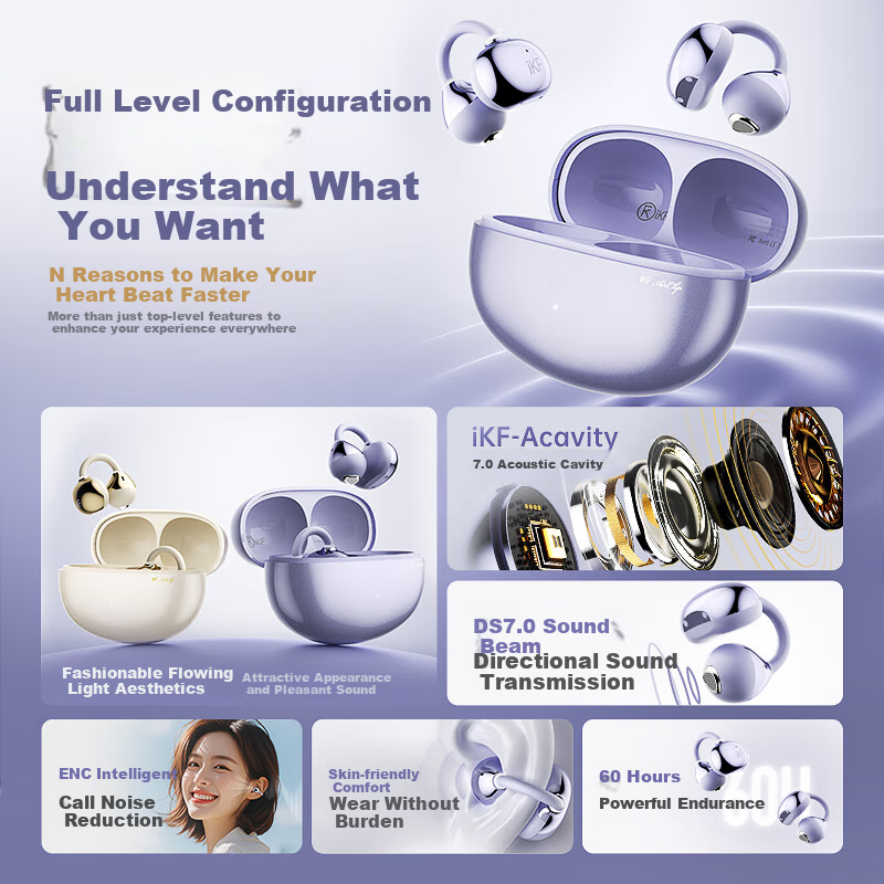 IKF Air Clip [Art Edition] Bluetooth headset ear clip wireless open air bone conduction HiFi sound quality cloud sense wear sports long endurance student warm cloud white