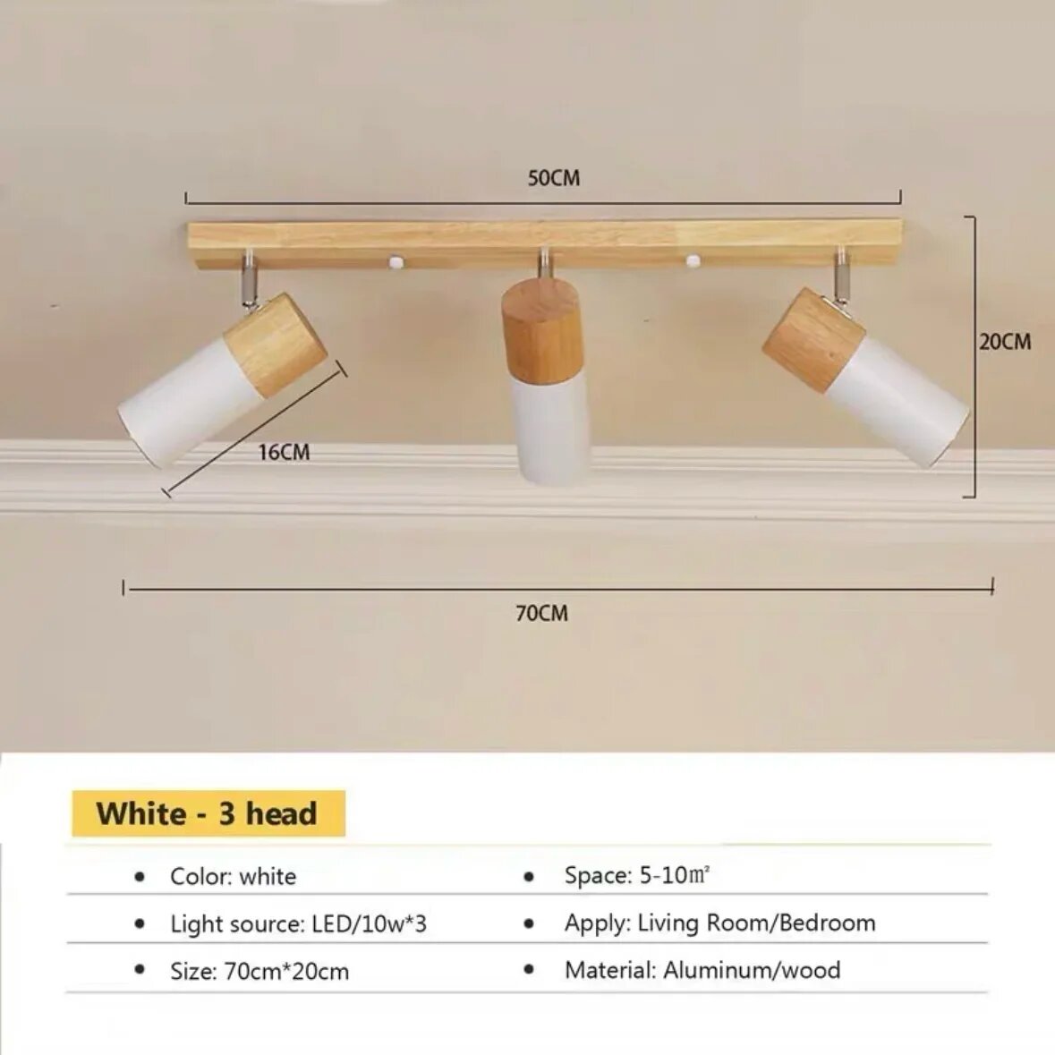 Деревянный потолочный светильник LED, White 3heads, Тёплый белый, Бежевый
