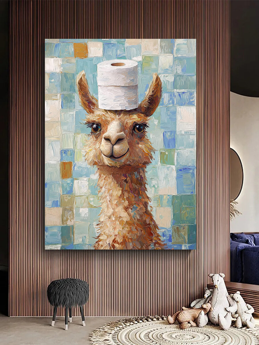 Картина на стену для интерьера - "Лама в туалете. Животные в туалете и ванной комнате" , 20х30 см.