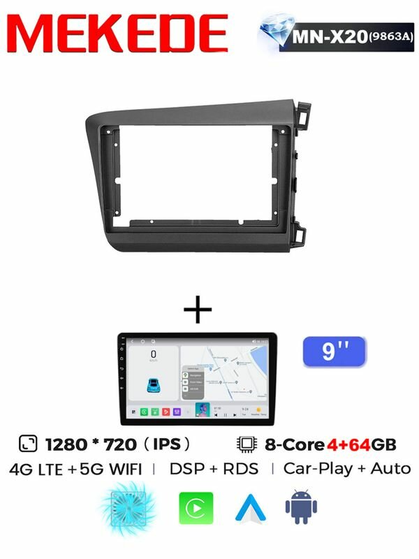 Магнитола 9" Mekede MN X20 Pro 4/64 Gb Honda Civic 9 FB FK FD 2011-2015 Правый руль carplay