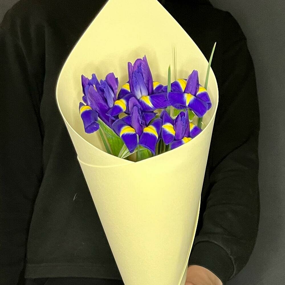 Монобукет из 5 ирисов в дизайнерской упаковке, букет-комплимент