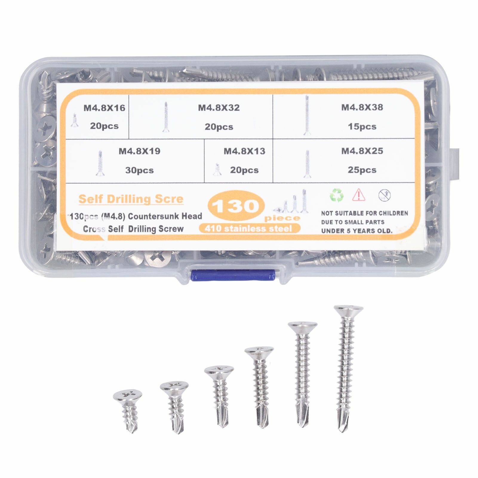130 шт. крестообразный винт с плоской головкой из нержавеющей стали M4.8, саморезы с защитой от ржавчины для стекловолокна