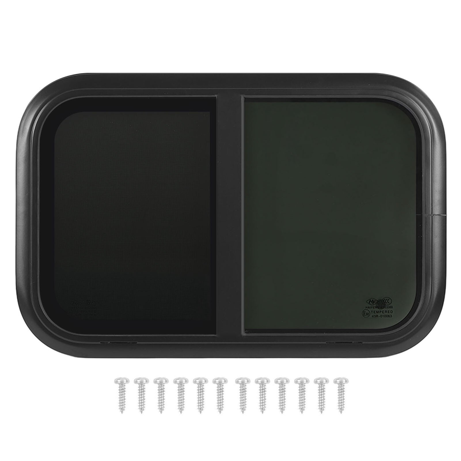 Горизонтальное раздвижное окно фургона 23,6 X 11,8 дюйма из закаленного стекла, устойчивого к ультрафиолетовому излучению, со съемными сетками от насекомых Черного цвета Применимая толщина стенок: от 33 до 38 мм / 1,3 1,5 дюйма