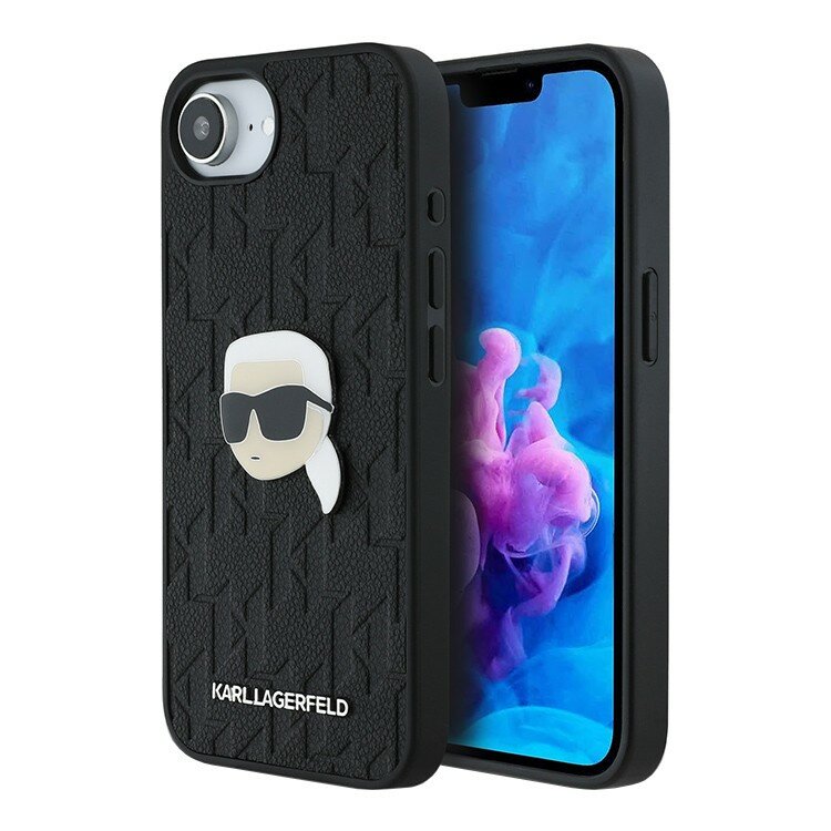 Karl Lagerfeld чехол для iPhone 17e/16e, зернистая кожа PU Monogram NFT Karl metal Head, черный
