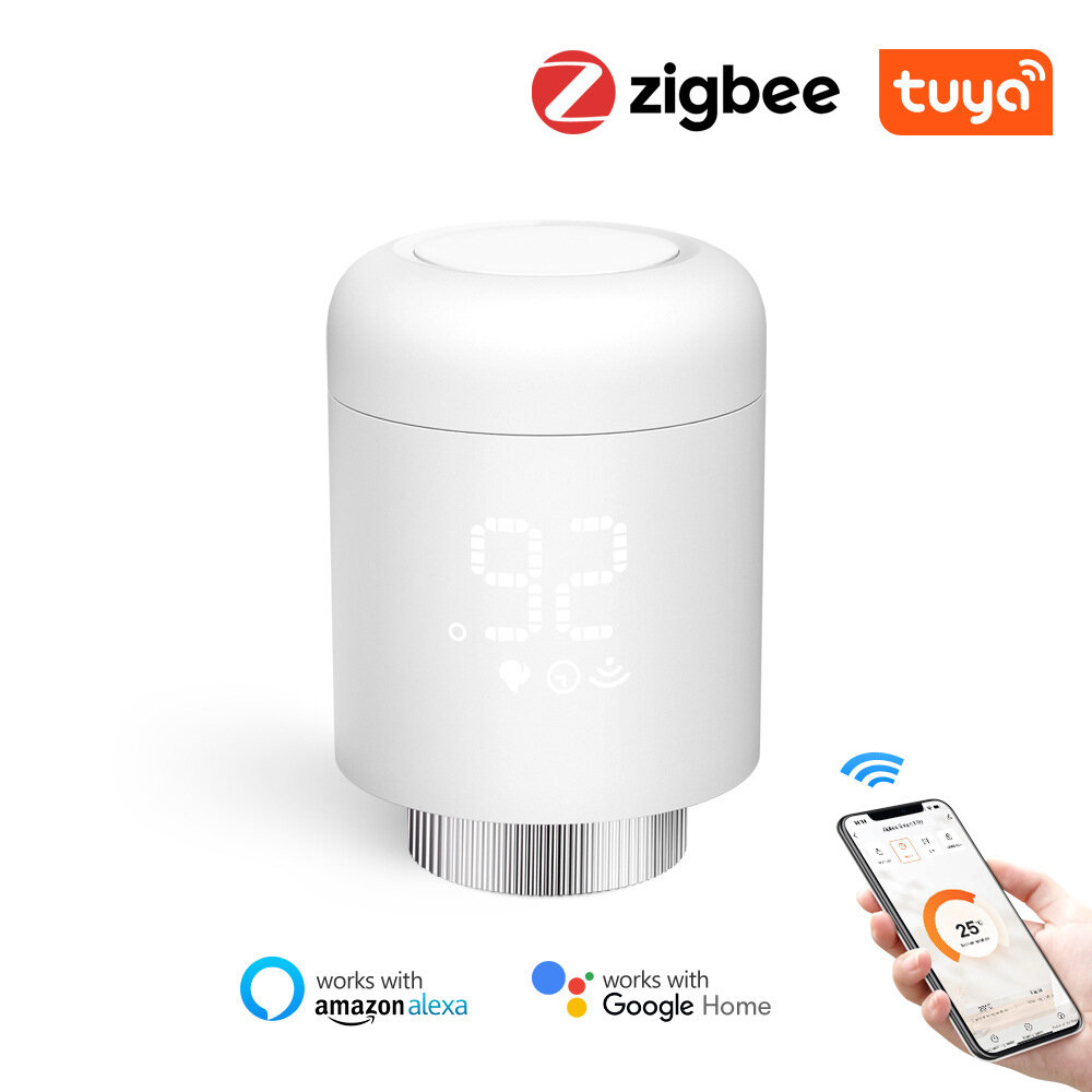 Тuya Zigbee Термостат для Радиатора смарт-блютуз Управление через Мобильное Приложение Умный Дом Обогрев Компатибелен с Google Home Белый Цвет Сенсор NTC 2.4GHz Проволок M30*1.5mm 2*AA Батарейки (не Входят) Рабочая Температура -10℃-40℃ Размер 77*52mm Вес