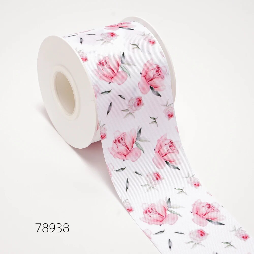 Розовая атласная лента с цветами 38mm grosgrain 5Y