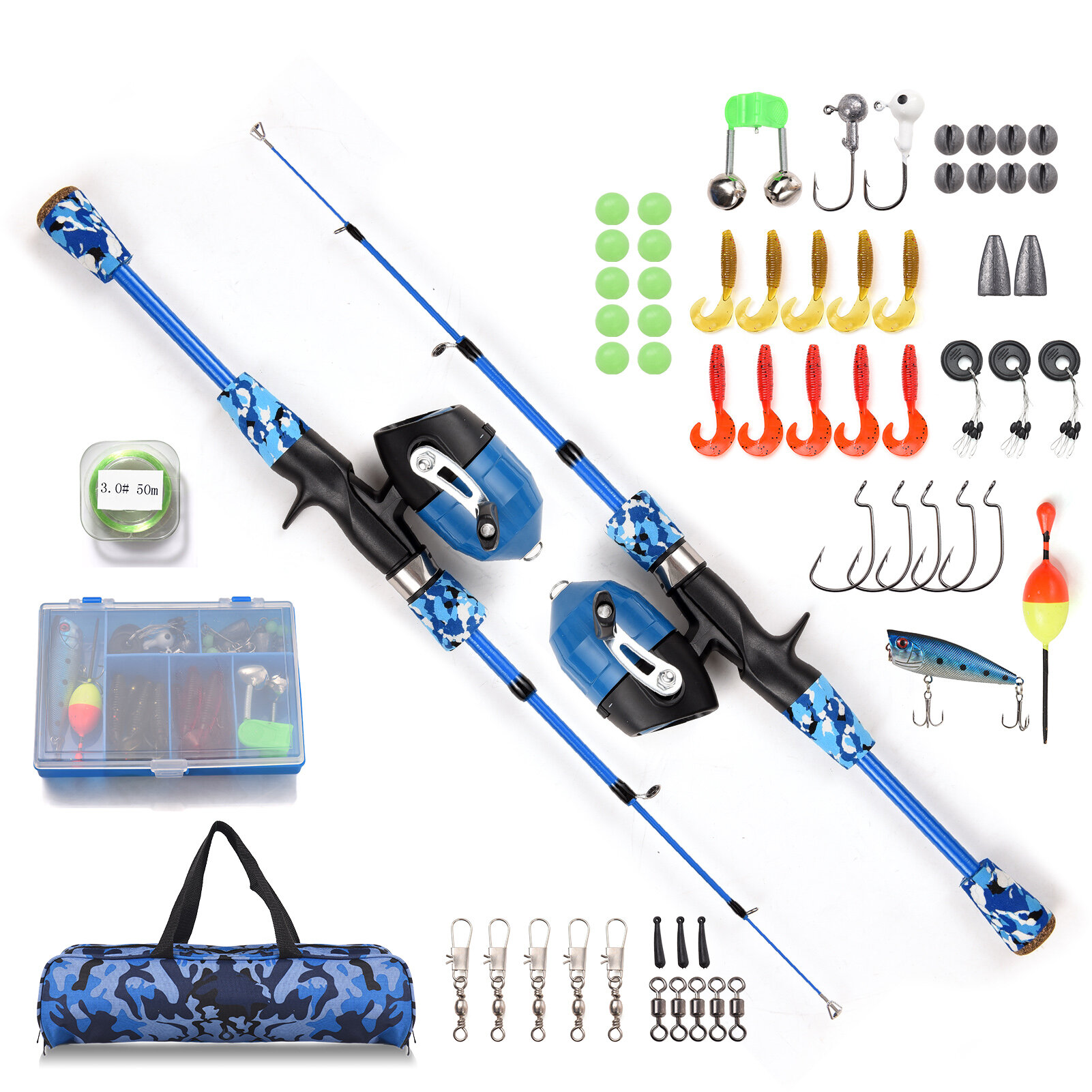 Детский комплект удочки и катушки, полный комплект: телескопическое кастинговое удилище длиной 1,5 м с катушкой для спинкаста, крючками, приманками, вертлюжками и сумкой для переноски