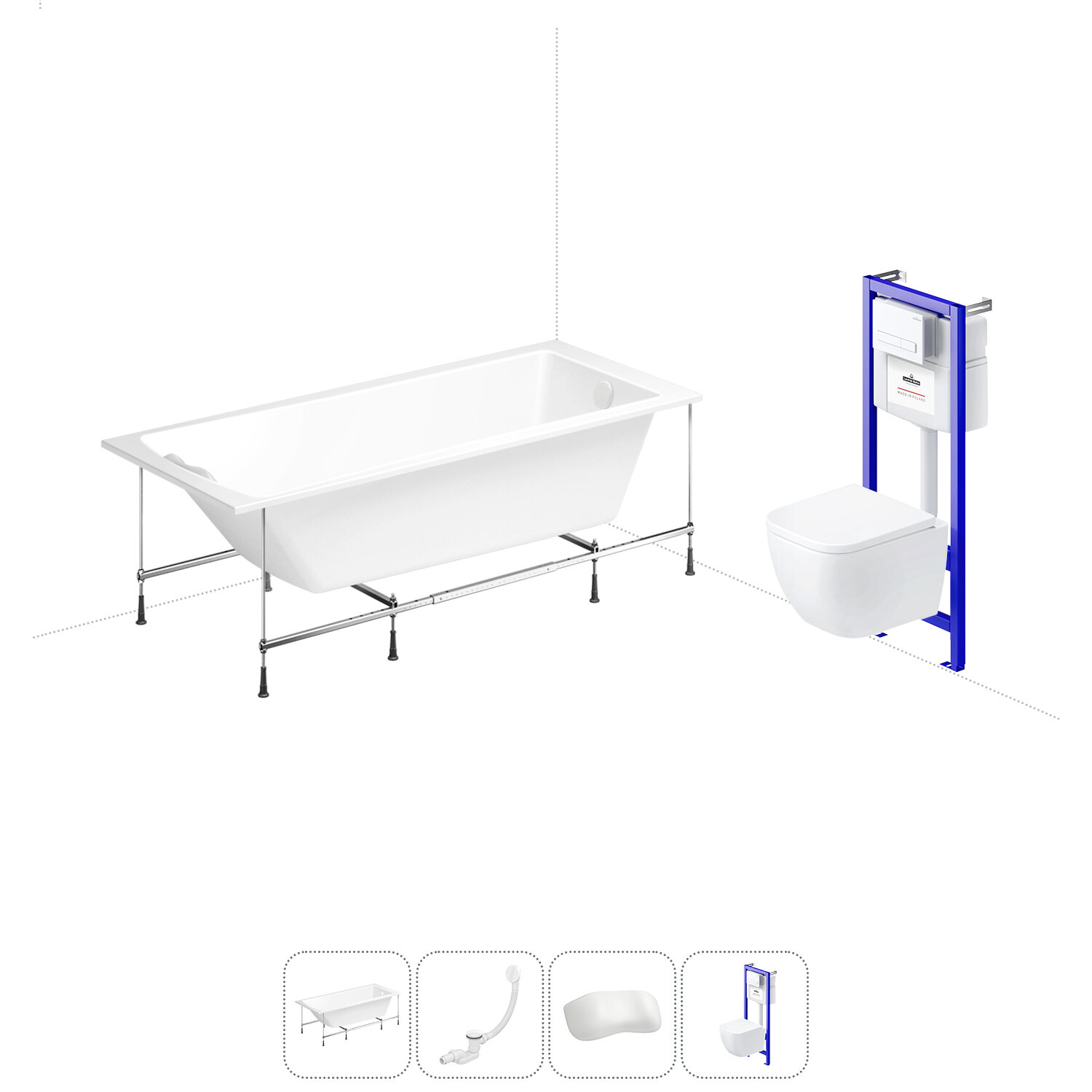 Акриловая ванна 170x75 с каркасом Lavinia Boho One 20221054R в наборе 5 в 1: ванна, ножки, слив-перелив, подголовник, унитаз в комплекте