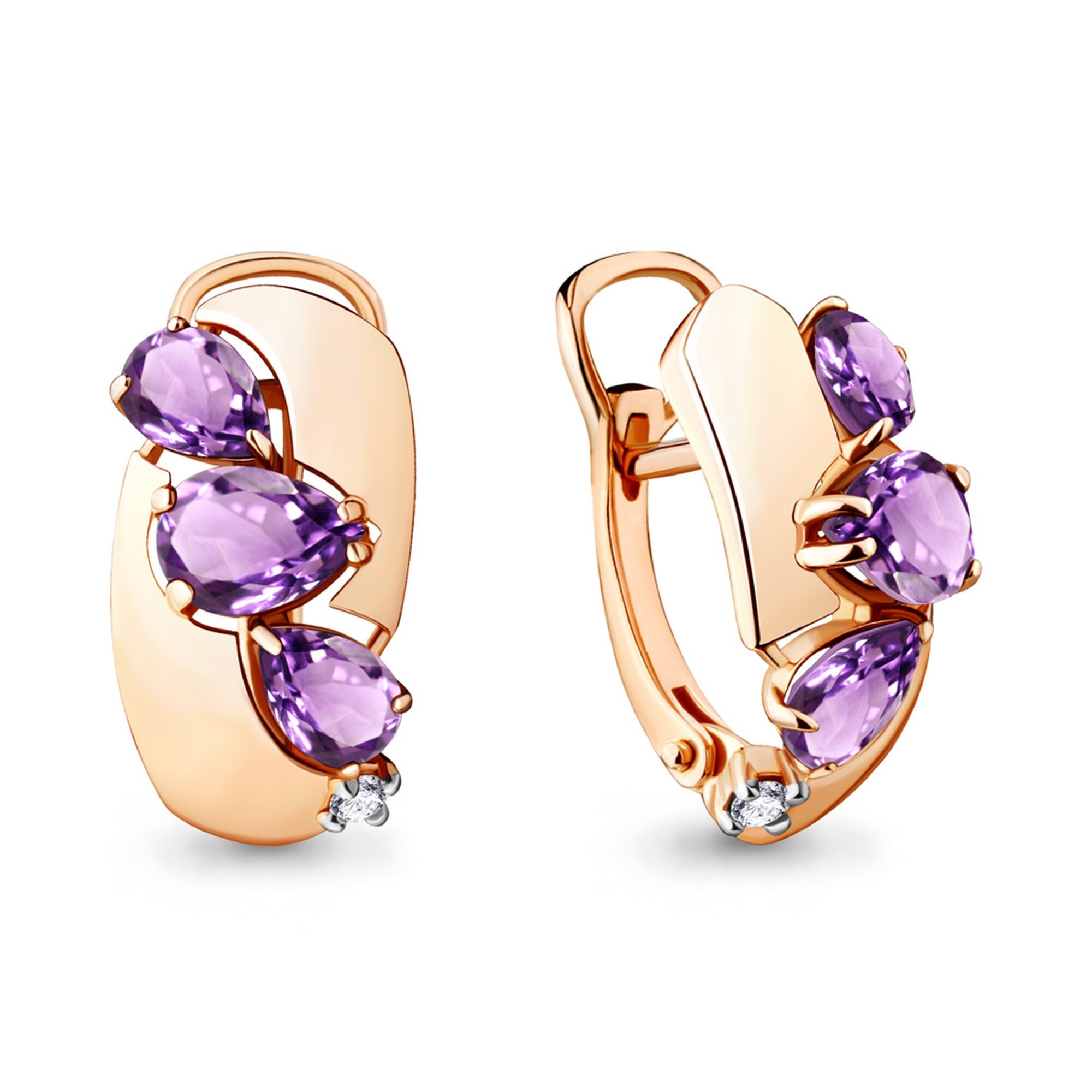 Серьги, серебро, 925 проба, золочение, фианит, аметист