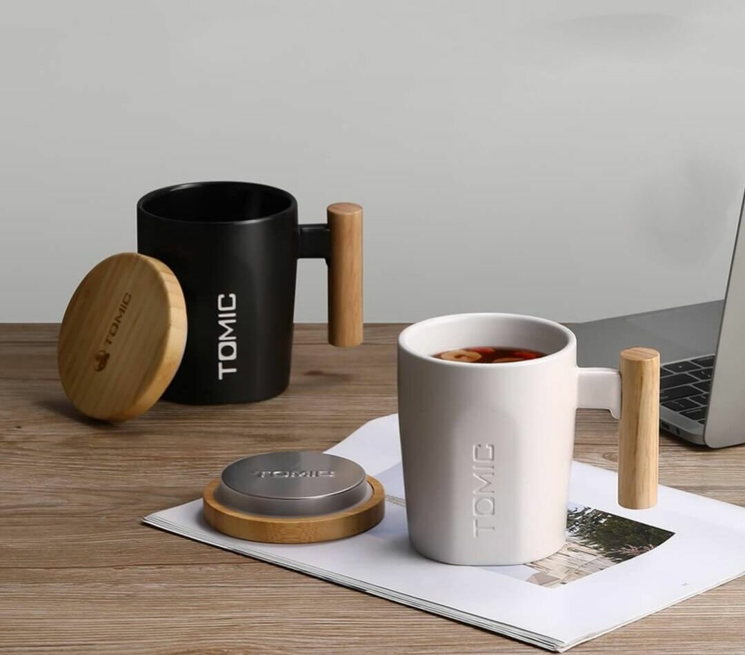 Кружка с крышкой Tomic Ceramic Cup With Bamboo Белая (подарочный набор)