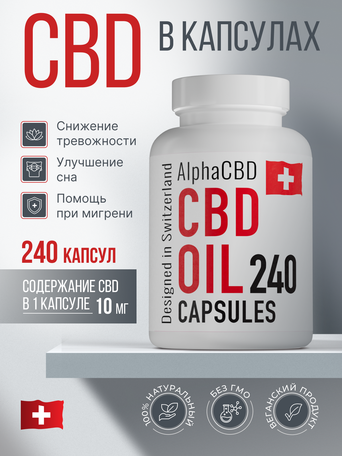 Масло CBD в капсулах на основе МСТ (240 капсул по 10 мг), AlphaCBD