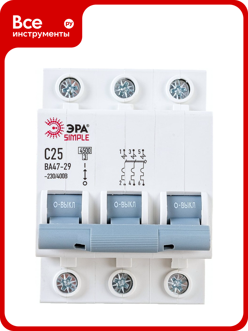 Автоматический выключатель ЭРА SIMPLE ВА 47-29 3P 25А C 4,5кА Б0039240, 25 А, для применения в электрических