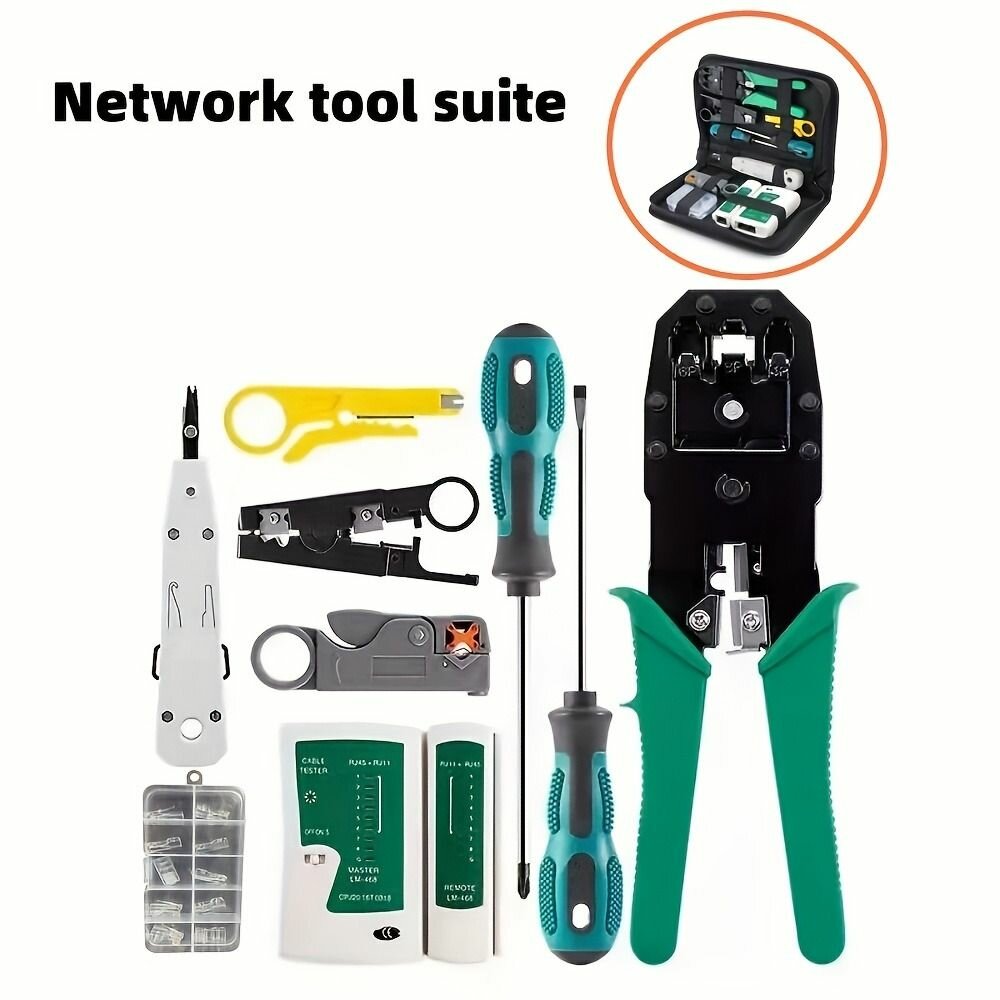 Набор инструментов для работ с витой парой и сетевым кабелем: LAN тестер, стриппер, кремпер, отвертки, обжимка RG45, RG11