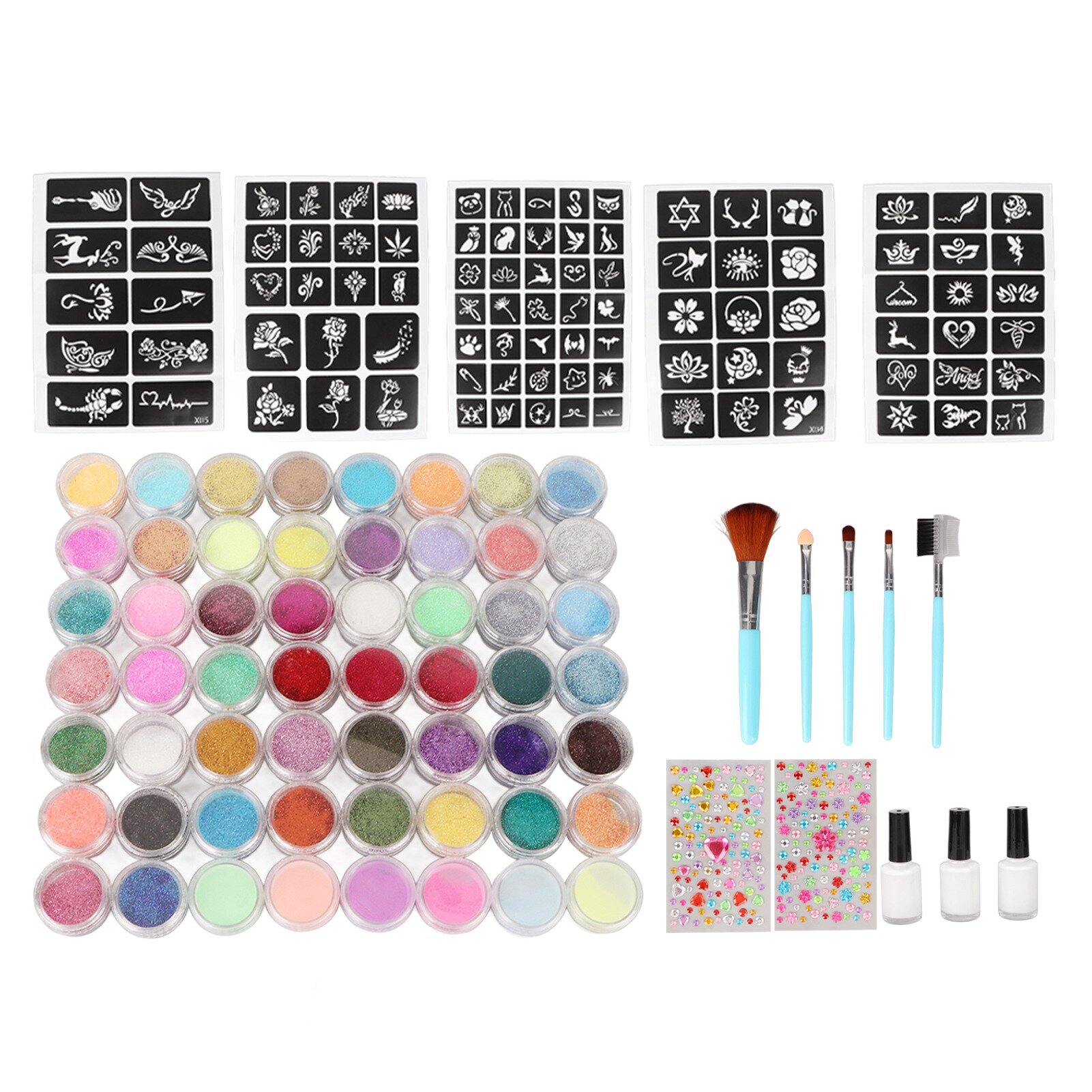 Наборы для блестящих татуировок, 50 цветов, 6 цветов, светящаяся пудра, 30 мл, клей, долговечный набор блесток для макияжа с маленькой расческой