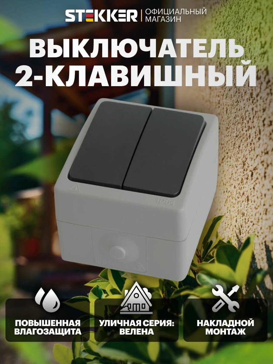 Выключатель двухклавишный 250V 10А IP54, серый-графит, Велена Stekker PSW10-121-54 32753