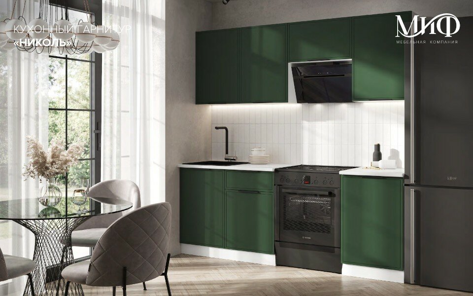 Кухня прямая Миф Николь 2,1метра (490) Холст темно-зеленый столешница Антарес