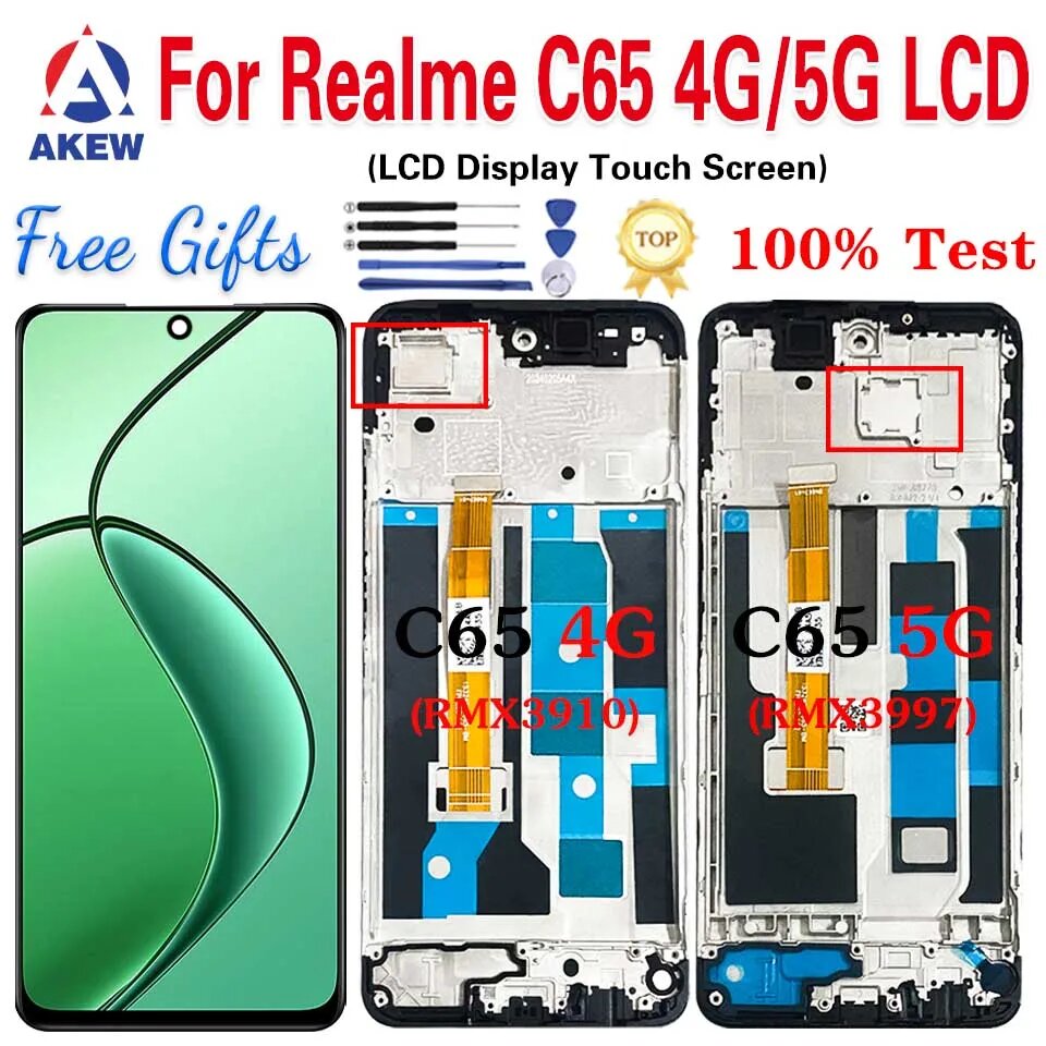 AKEW для Oppo Realme C65 4G ЖК-дисплей Realme C65 5G сенсорный экран RMX3910 дигитайзер в сборе RMX3997 замена телефона Pantalla C65 4G With Frame