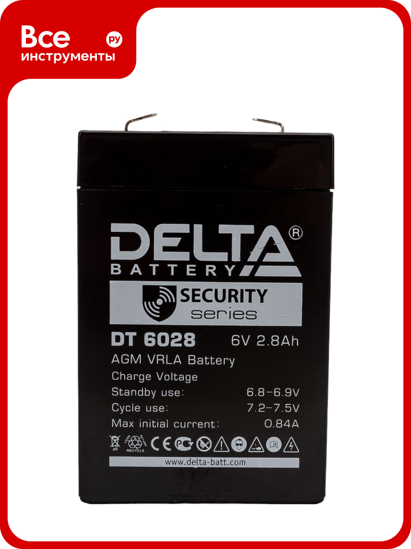 Батарея аккумуляторная Delta DT 6028, пластик, из огнеупорного пластика ABS прямая полярность технология AGM