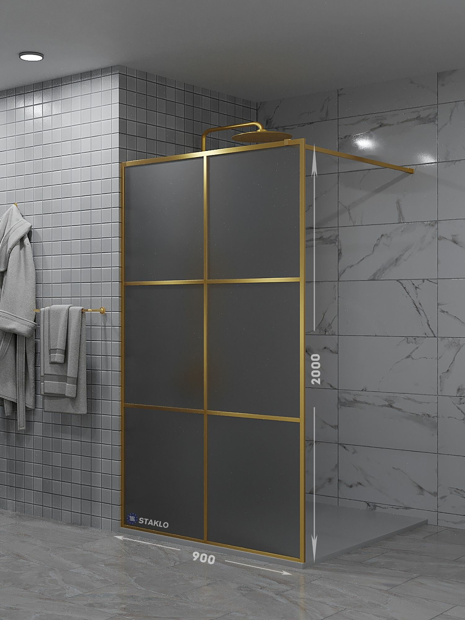 Loft душевая одиночная перегородка staklo 90x200 из серого графит матового стекла золото фурнитура
