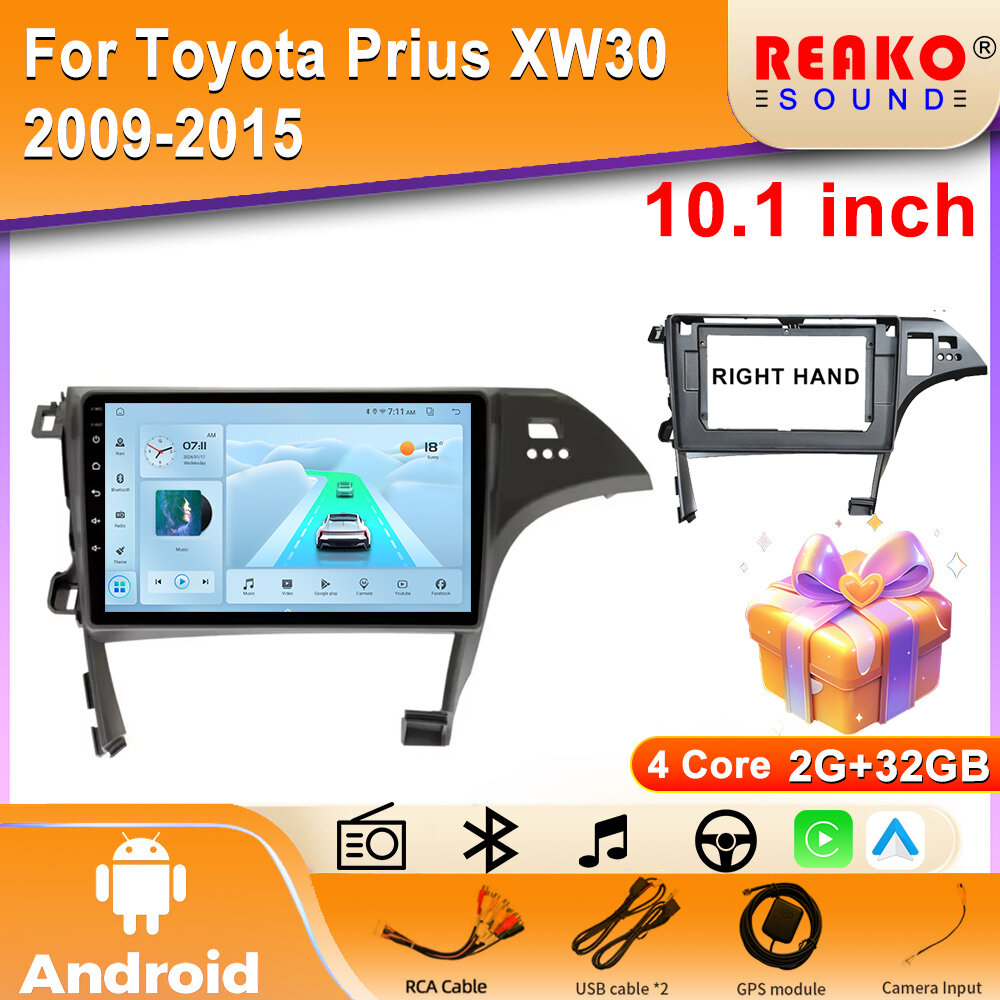 Магнитола для Toyota Prius XW30 2009-2015 , 4 ядерный процессор 2/32Гб ANDROID 10, QLED экран 10.1 дюймов, Wifi