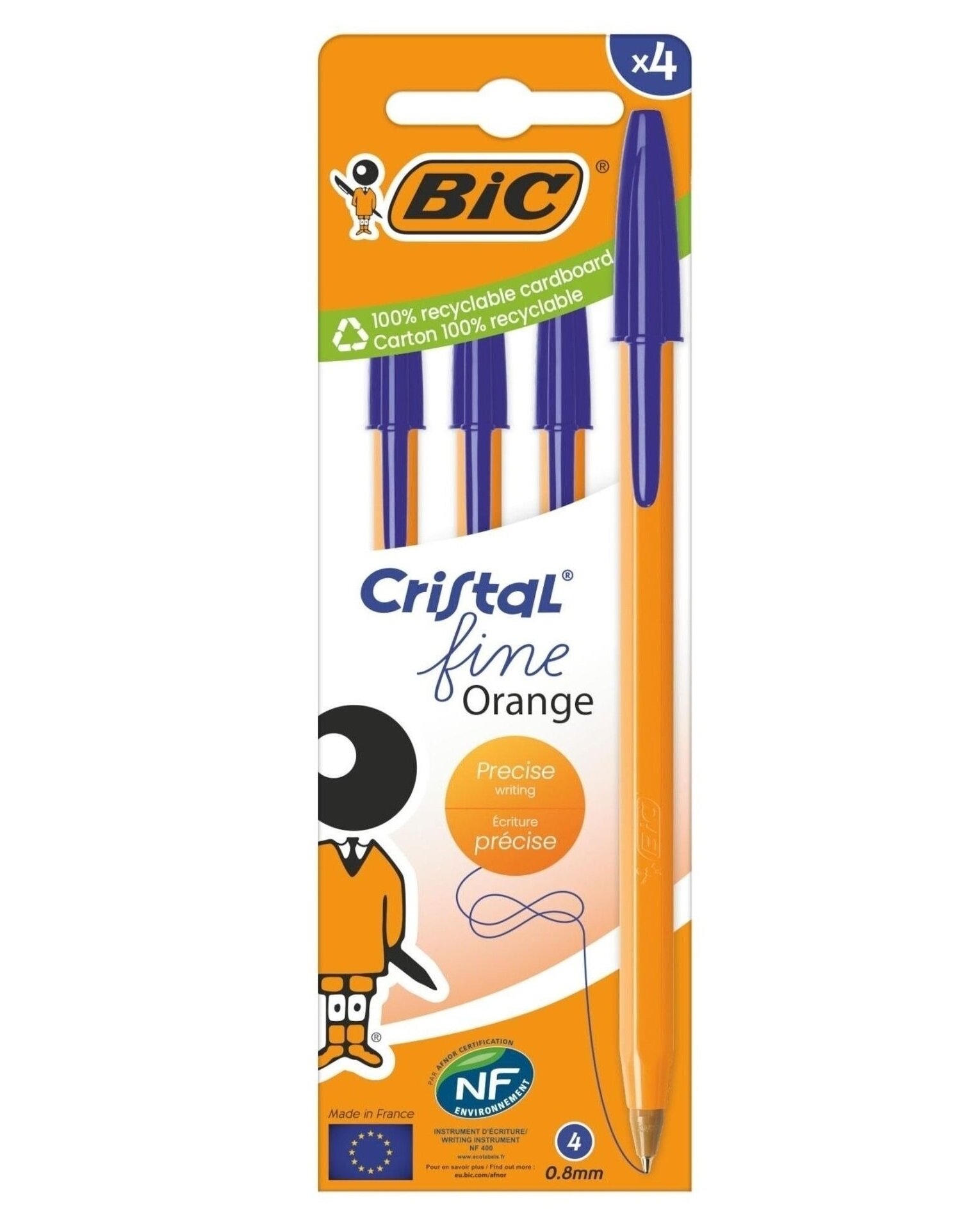 Ручка шариковая Bic синяя Cristal Orange Fine 0,3мм 4шт коробка