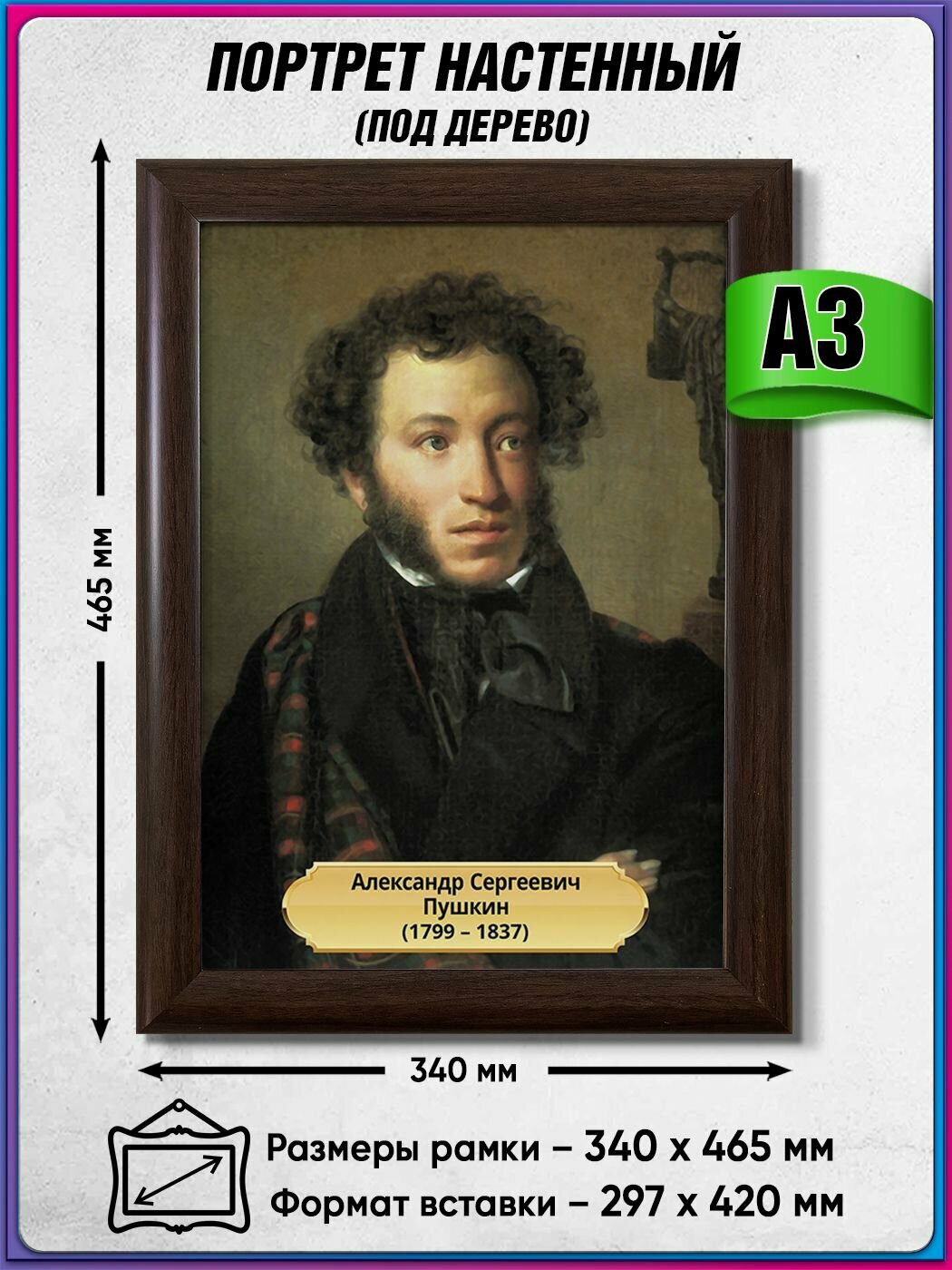 Портрет Пушкина А. С. в рамке под дерево / А-3 (30x42 см.)